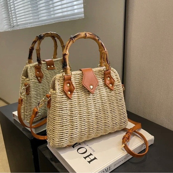 Bags | Summer Straw Bamboo Handle Vintage Style Handbag | Poshmark